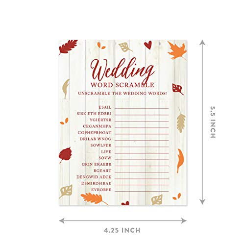 Andaz Press Fallin' in Love Autumn Fall Leaves Wedding Party Collection, Wedding Word Scramble Bridal Shower Game Cards, 20-Pack