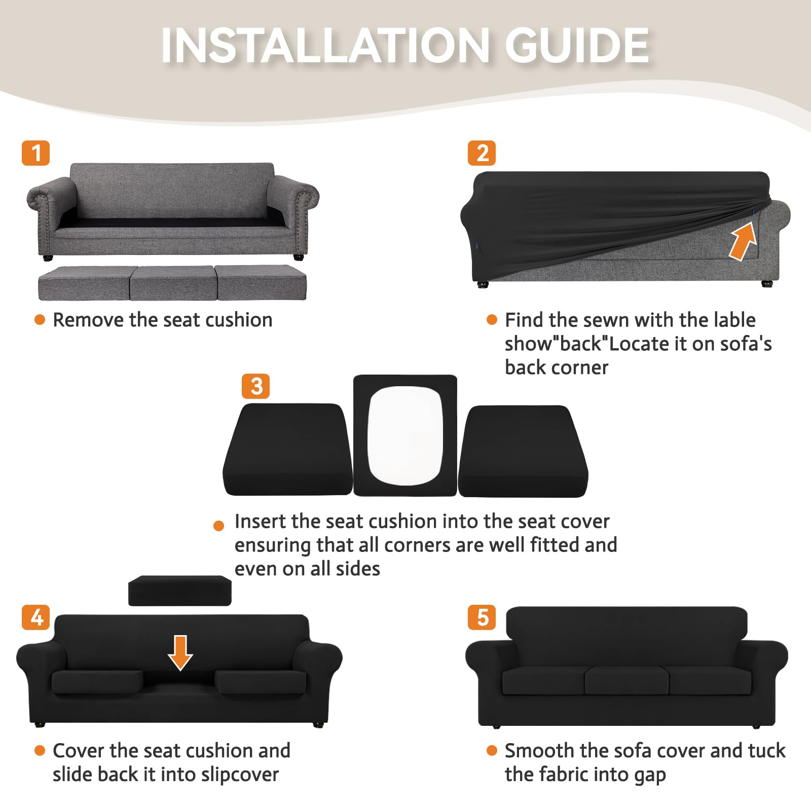KEKUOU 4 Pieces Stretch Couch Covers for 3 Cushion Couch Sofa pet Friendly， Sofa Covers Washable Soft Elastic Dogs Furniture Protector(Sofa,Black)