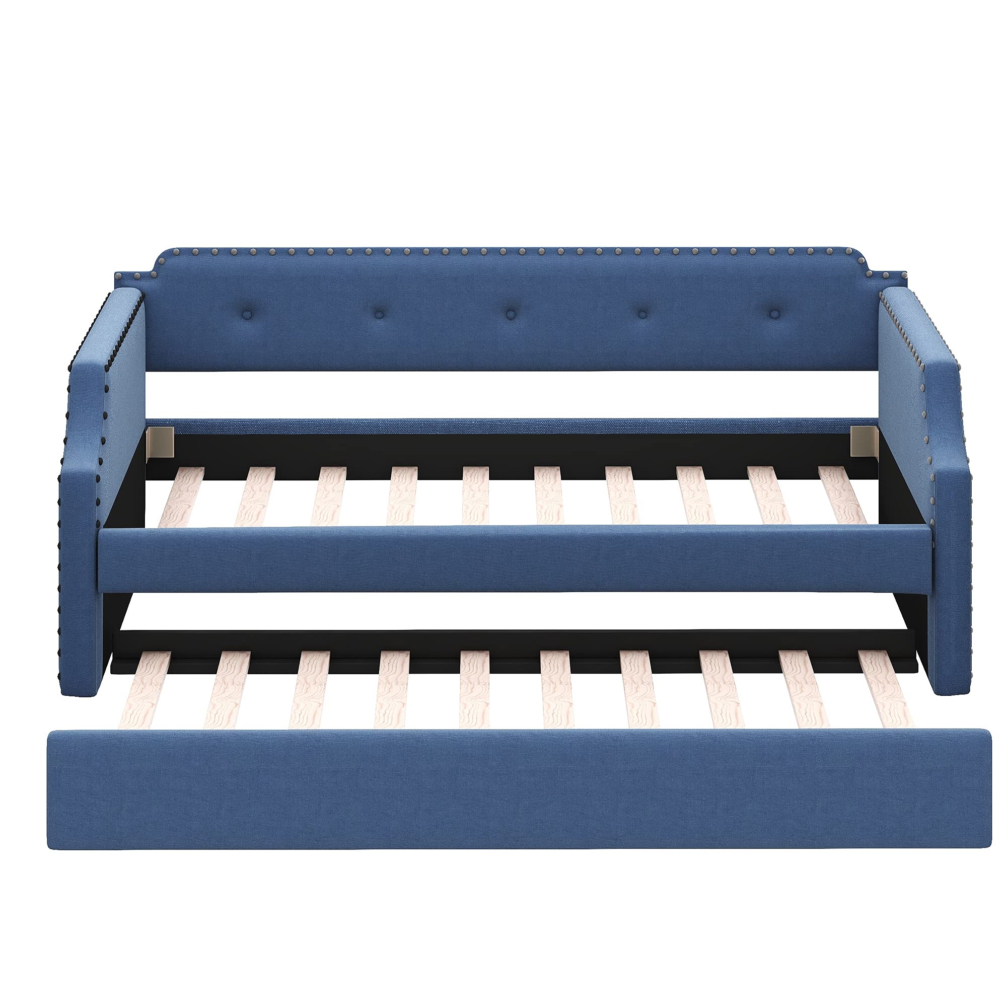Harper & Bright Designs Twin Size Upholstered Daybed with Trundle, Upholstered Daybed Sofa Bed Frame for Living Room Bedroom, Blue