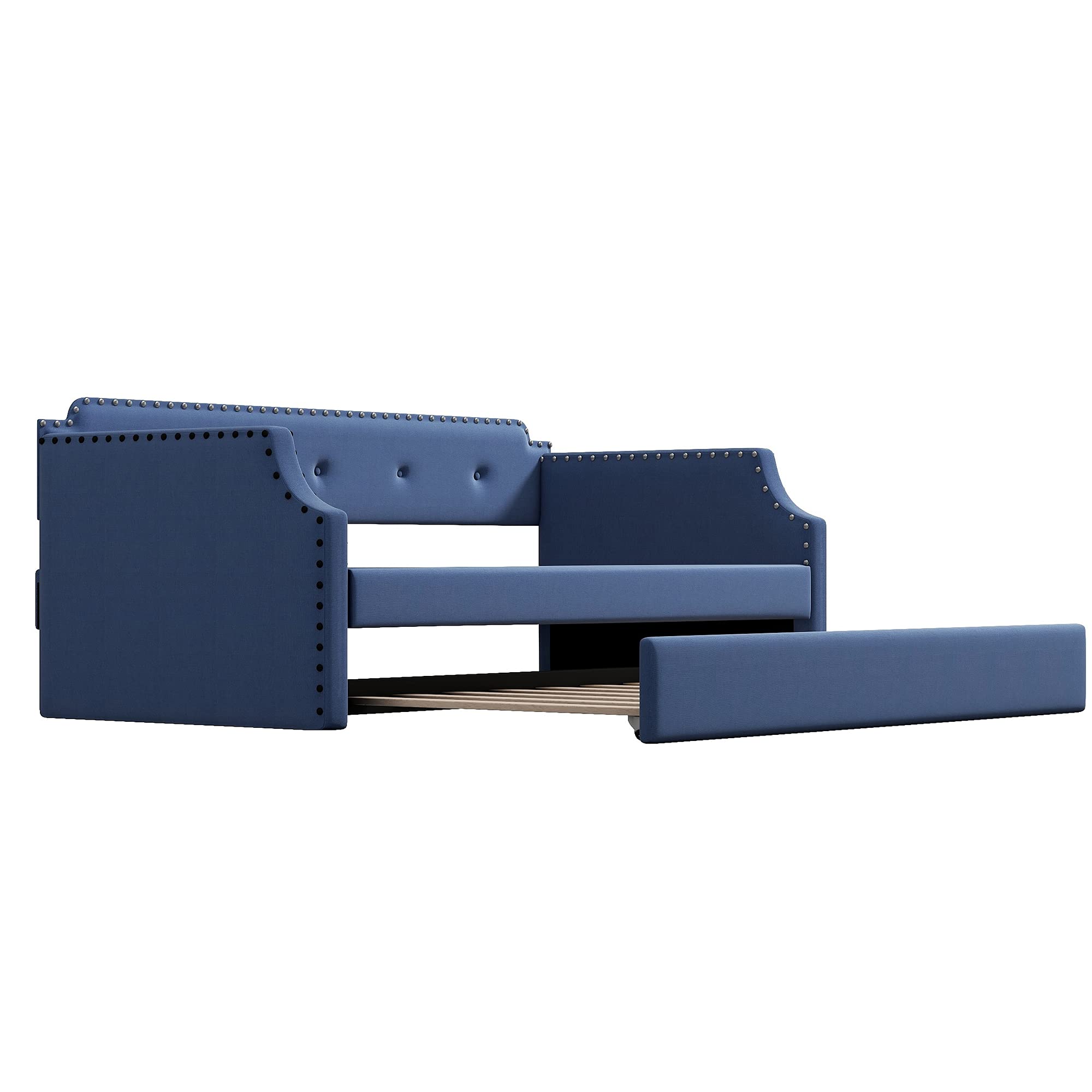 Harper & Bright Designs Twin Size Upholstered Daybed with Trundle, Upholstered Daybed Sofa Bed Frame for Living Room Bedroom, Blue