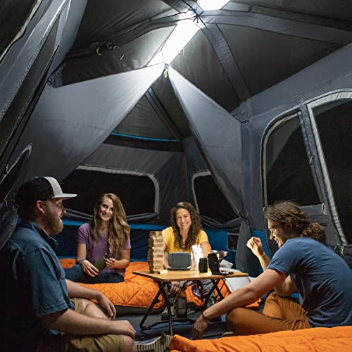 CORE 12 Person Instant Cabin Tent with LED Lights | Large 3 Room Family Lighted Pop Up Tent for 2 Minute Camp Setup | Included Storage Pockets for Camping Accessories
