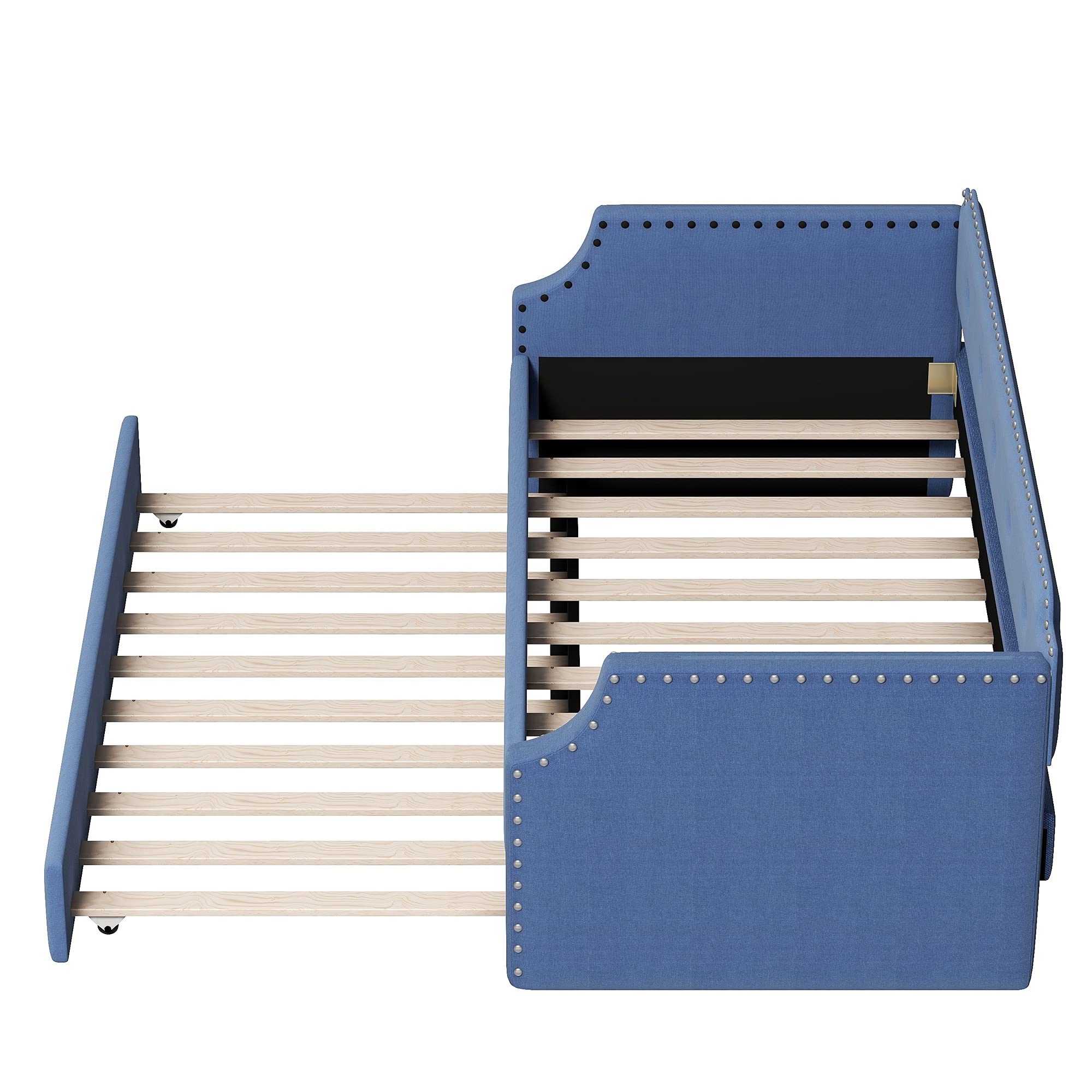 Harper & Bright Designs Twin Size Upholstered Daybed with Trundle, Upholstered Daybed Sofa Bed Frame for Living Room Bedroom, Blue