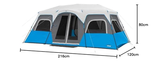 CORE 12 Person Instant Cabin Tent with LED Lights | Large 3 Room Family Lighted Pop Up Tent for 2 Minute Camp Setup | Included Storage Pockets for Camping Accessories