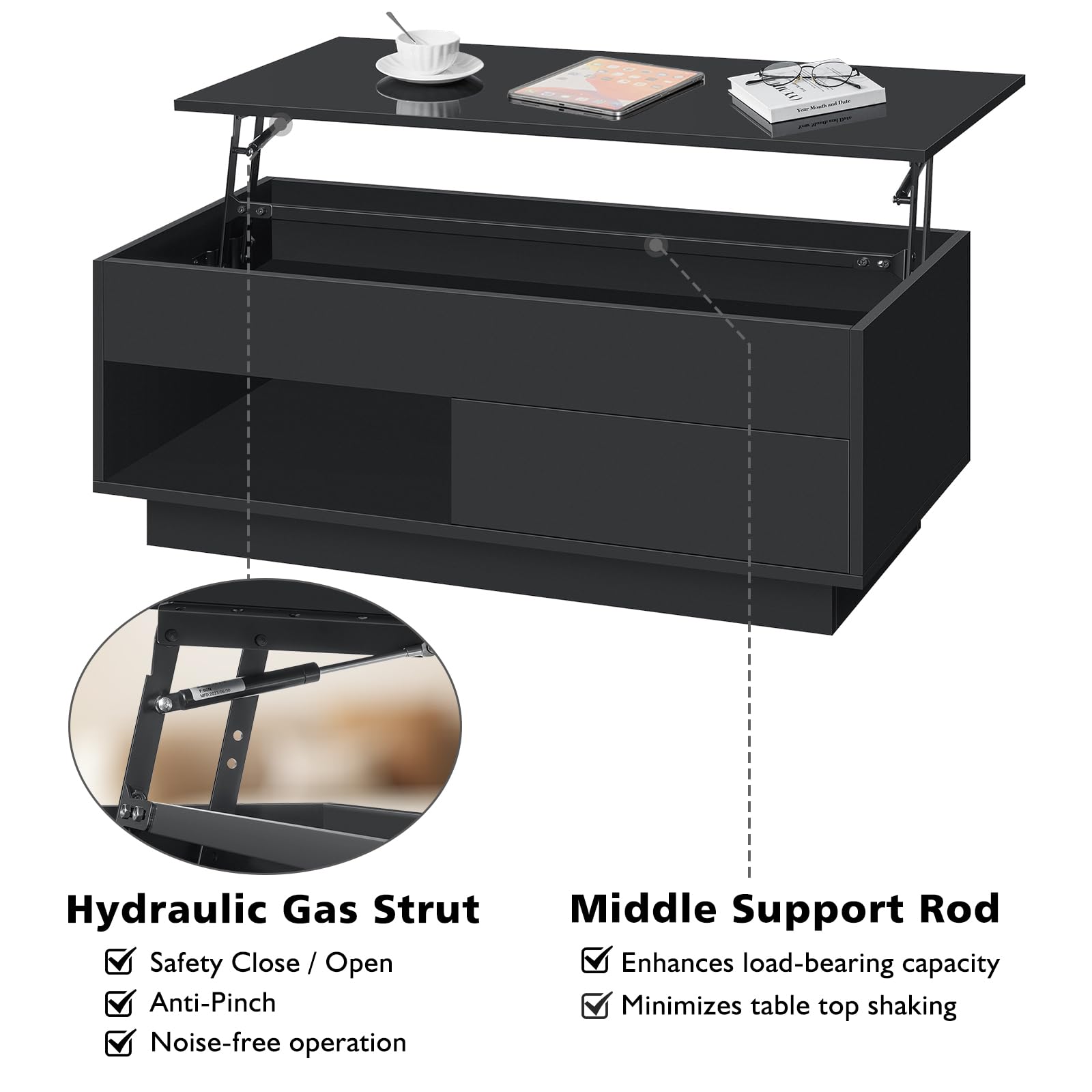 HOMMPA 40" Lift Top Coffee Table with Storage LED Coffee Table Morden High Gloss Living Room 3 Tiers Modern Tea Table with Storage Center Tables Hidden Compartment & Open Shelve & Drawer Black