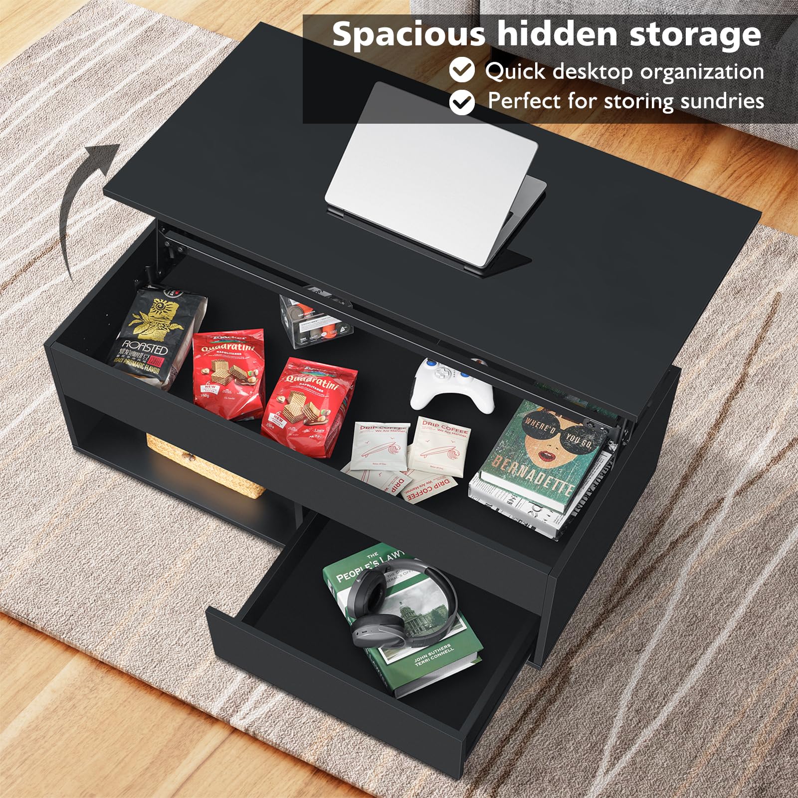 HOMMPA 40" Lift Top Coffee Table with Storage LED Coffee Table Morden High Gloss Living Room 3 Tiers Modern Tea Table with Storage Center Tables Hidden Compartment & Open Shelve & Drawer Black