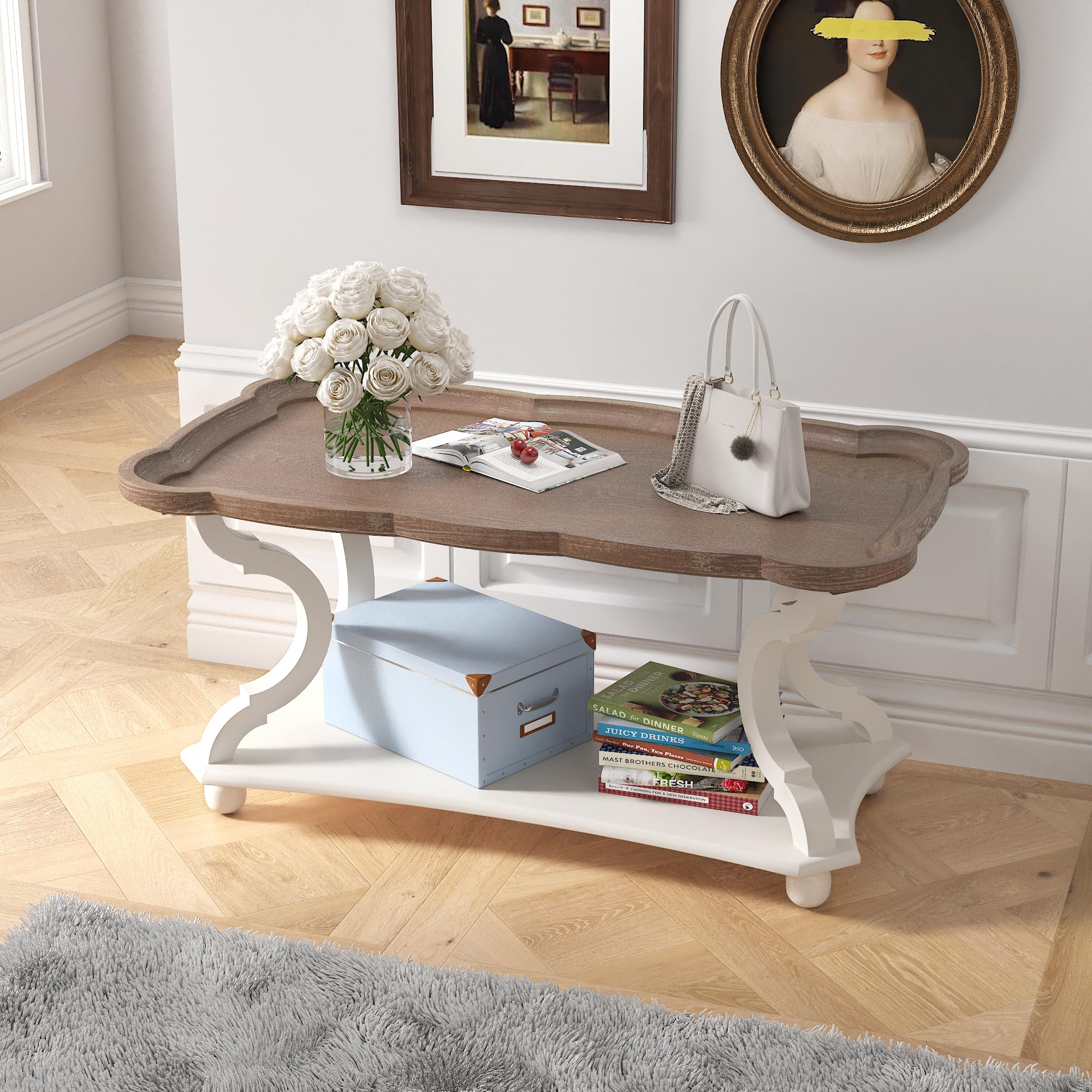 Function Home Farmhouse Coffee Table, Modern Cocktail Table with Storage Shelf, Sofa Table with Natural Tray Top and Carved Legs for Living Room, Bedroom, Dining Room in Vintage White