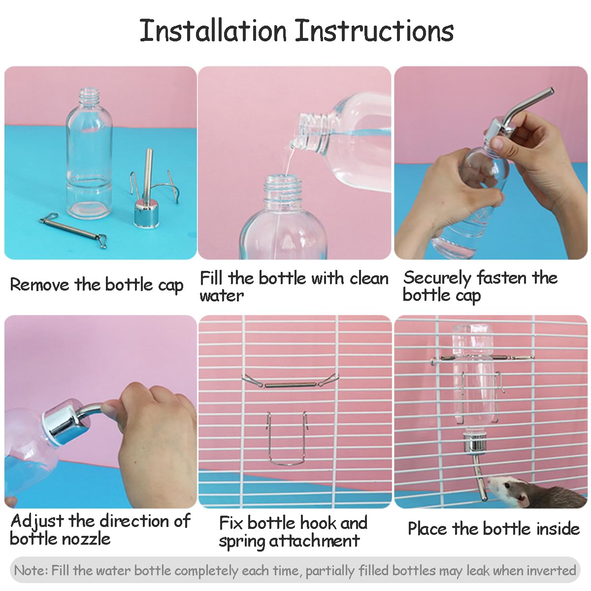 MANON ROSA Hamster Water Bottle -Leakproof Hanging Dispenser for Small Pet Cages: Hedgehogs Guinea Pigs Sugar Gliders Squirrels Syrian Dwarf Gerbils Mice Rats Degus Rodents (Small(180ml))