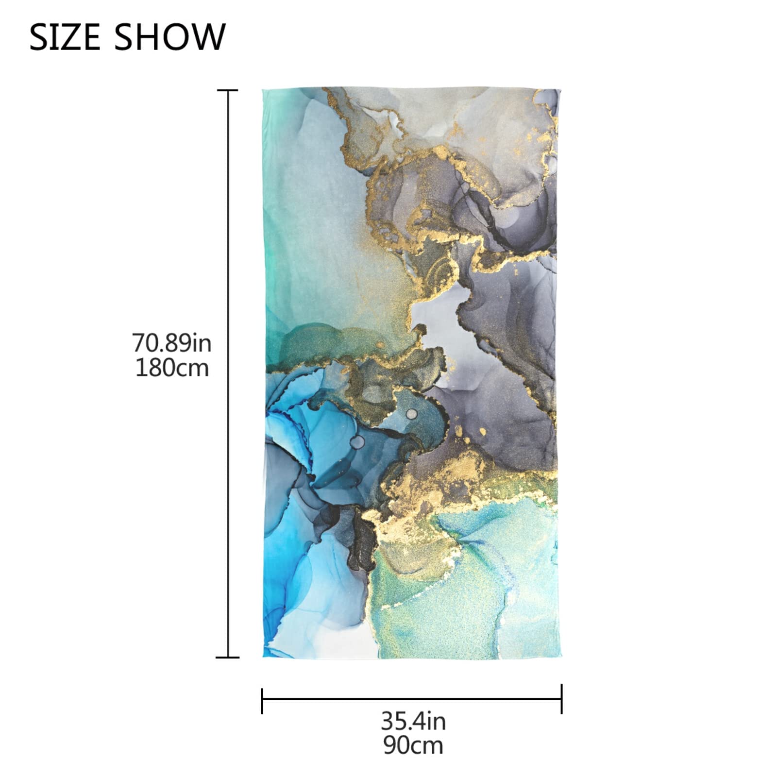 Mixed Blue, Grey, Golden Alcohol Ink Abstract Marble Texture Women Long Silk Scarf, Shawl Chiffon Large Stole Headscarf, Lightweight Sunscreen Satin Scarves Wraps for Wedding Party Gift