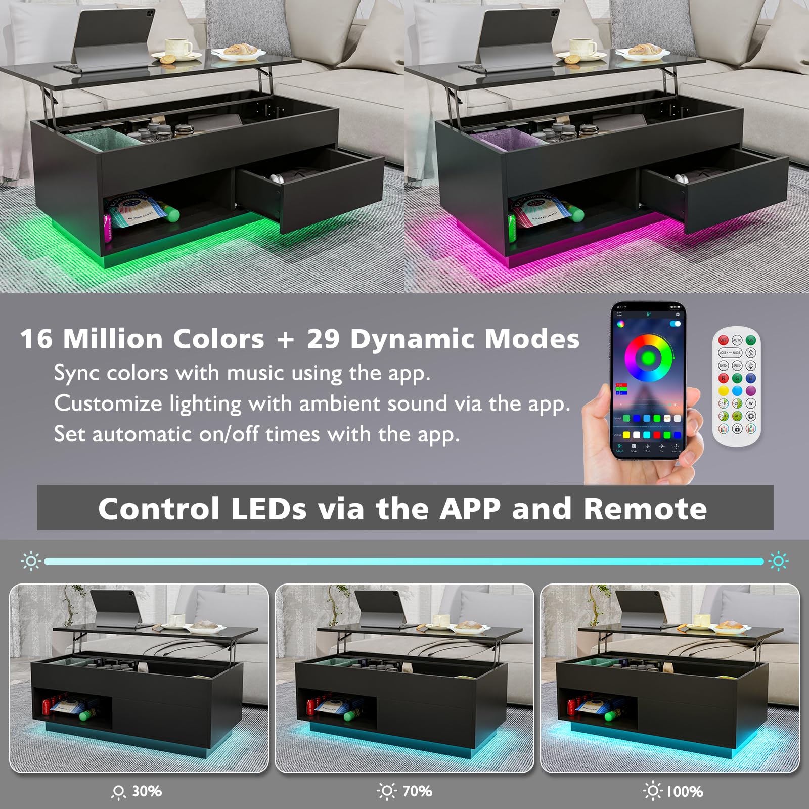 HOMMPA 40" Lift Top Coffee Table with Storage LED Coffee Table Morden High Gloss Living Room 3 Tiers Modern Tea Table with Storage Center Tables Hidden Compartment & Open Shelve & Drawer Black