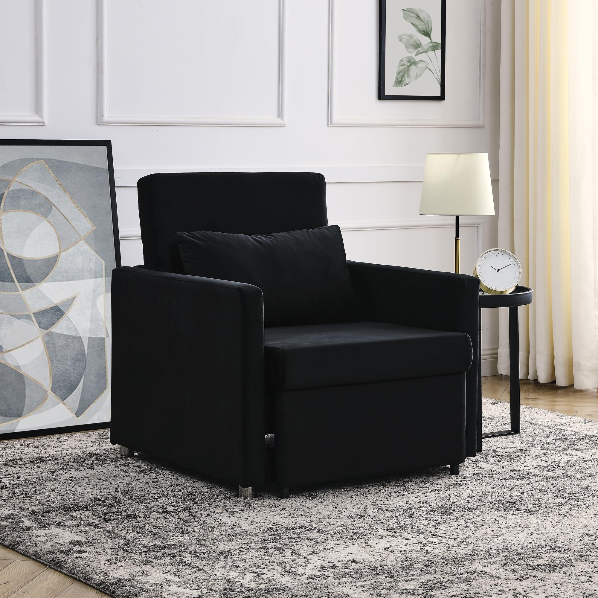 Futon Folding Single Chair Bed,Convertible Sleeper Sofa 2-in-1 Pull Out Lounge Chair Beds with Pillow&Pocket for Living Room Apartment Office(Black)