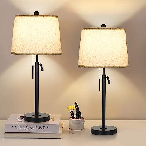 Table Lamps for Living Room Set of 2, Modern Bedside Lamps for Bedroom Height Adjustable Desk Lamp Dimmable Black Nightstand Lamps with Beige Lampshade, Pull Chain Table Lamp for Office Restaurant