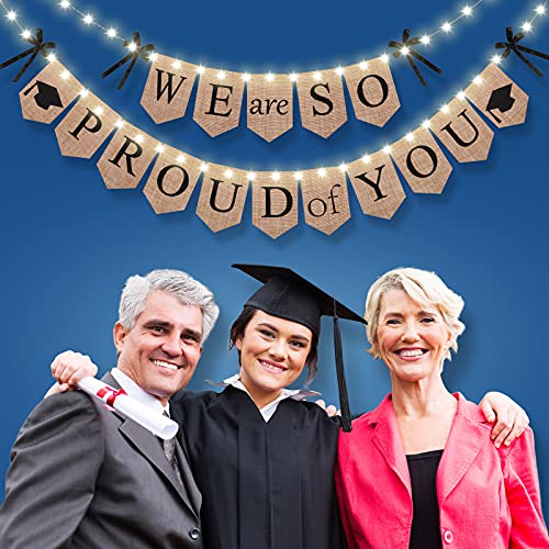 2023 Graduation Banner, We are So Proud of You Burlap Banner with 8 Modes LED String Lights, Lighting Wall Hanging Garland Bunting Flags Sign for Grad Party