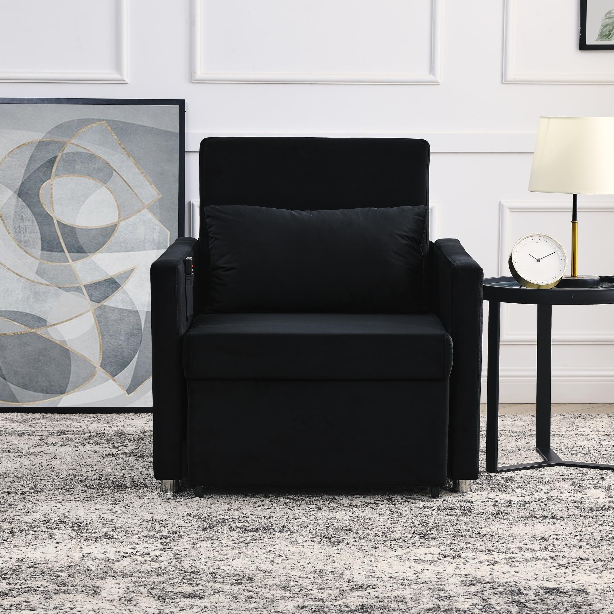 Futon Folding Single Chair Bed,Convertible Sleeper Sofa 2-in-1 Pull Out Lounge Chair Beds with Pillow&Pocket for Living Room Apartment Office(Black)