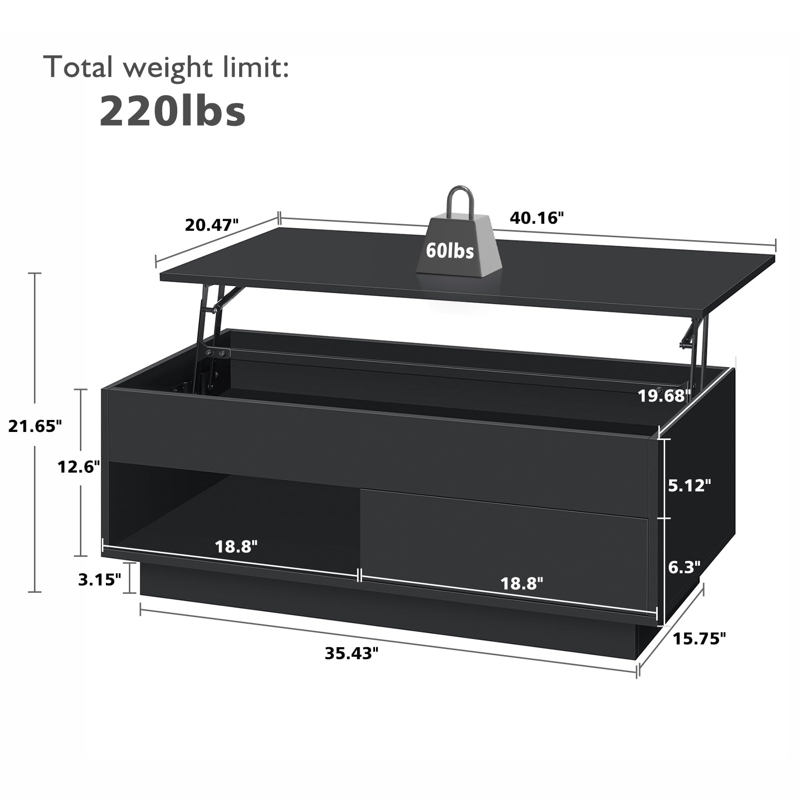 HOMMPA 40" Lift Top Coffee Table with Storage LED Coffee Table Morden High Gloss Living Room 3 Tiers Modern Tea Table with Storage Center Tables Hidden Compartment & Open Shelve & Drawer Black