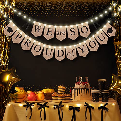 2023 Graduation Banner, We are So Proud of You Burlap Banner with 8 Modes LED String Lights, Lighting Wall Hanging Garland Bunting Flags Sign for Grad Party