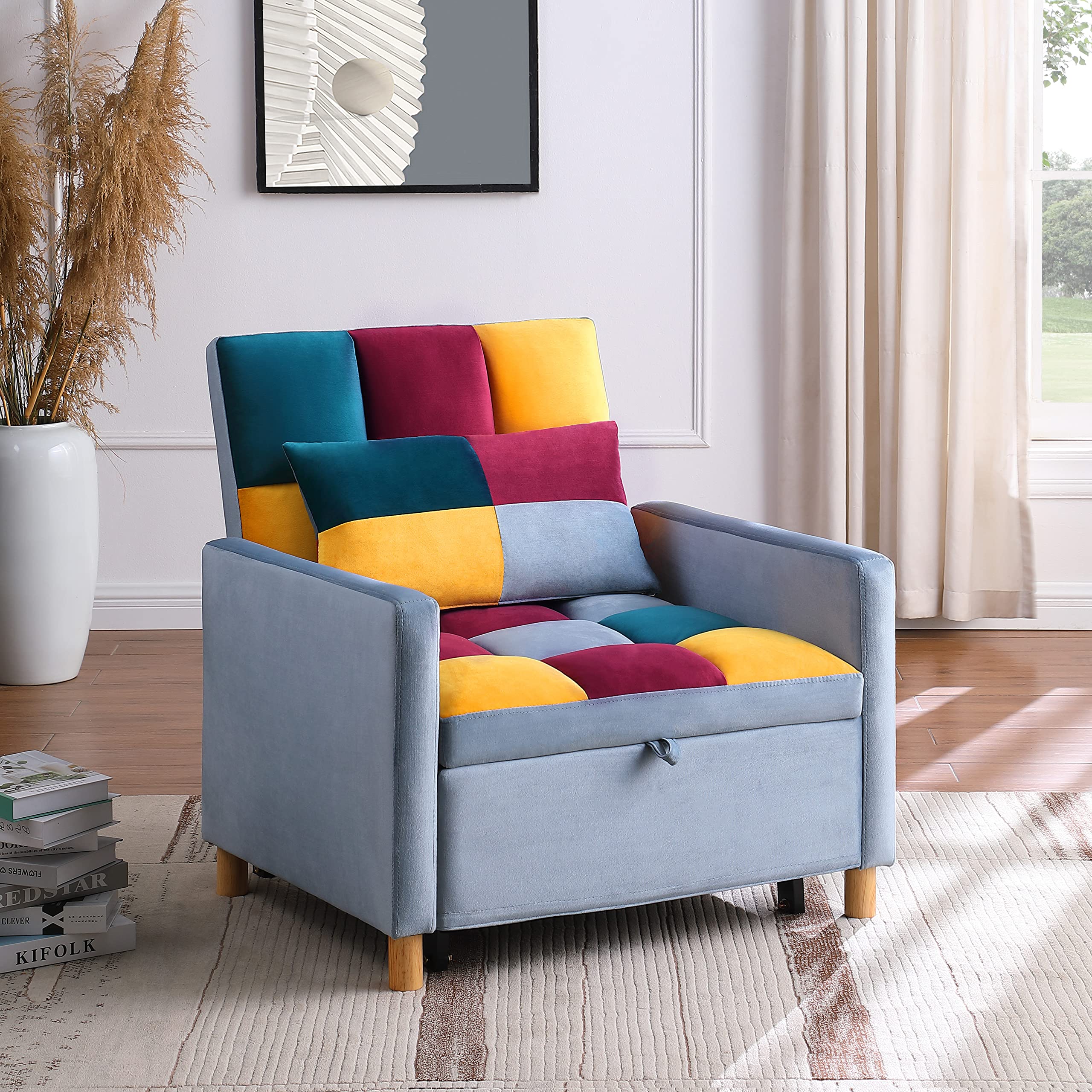 3-in-1 Single Chair Bed,Convertible Sleeper Sofa Chair Bed with Pillow,Multi-Functional Sleeper Chair with Adjustable Backrest,pullout Sofa Bed with Velvet Fabric for Apartment(Multicolor)