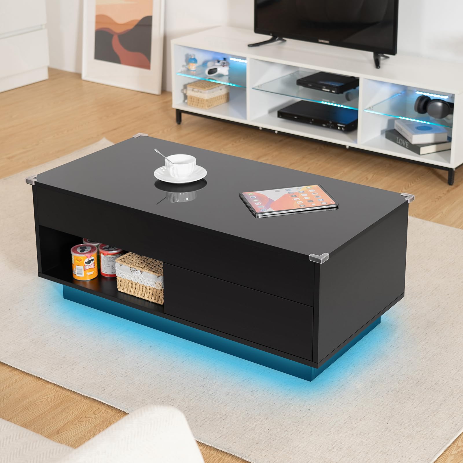 HOMMPA 40" Lift Top Coffee Table with Storage LED Coffee Table Morden High Gloss Living Room 3 Tiers Modern Tea Table with Storage Center Tables Hidden Compartment & Open Shelve & Drawer Black
