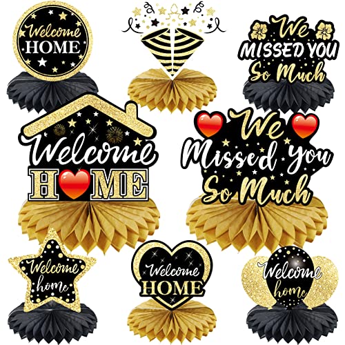 Pimvimcim Welcome Home Decorations, 8pcs We Missed You So Much Table Honeycomb Centerpiece Decor, Welcome Back Home Family Party Supplies, Patriotic Military Homecoming Deployment Returning Back Sign