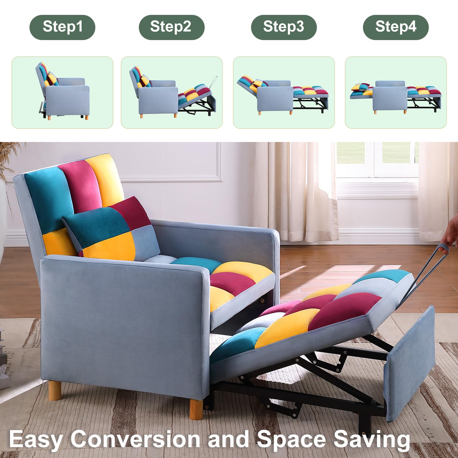 3-in-1 Single Chair Bed,Convertible Sleeper Sofa Chair Bed with Pillow,Multi-Functional Sleeper Chair with Adjustable Backrest,pullout Sofa Bed with Velvet Fabric for Apartment(Multicolor)