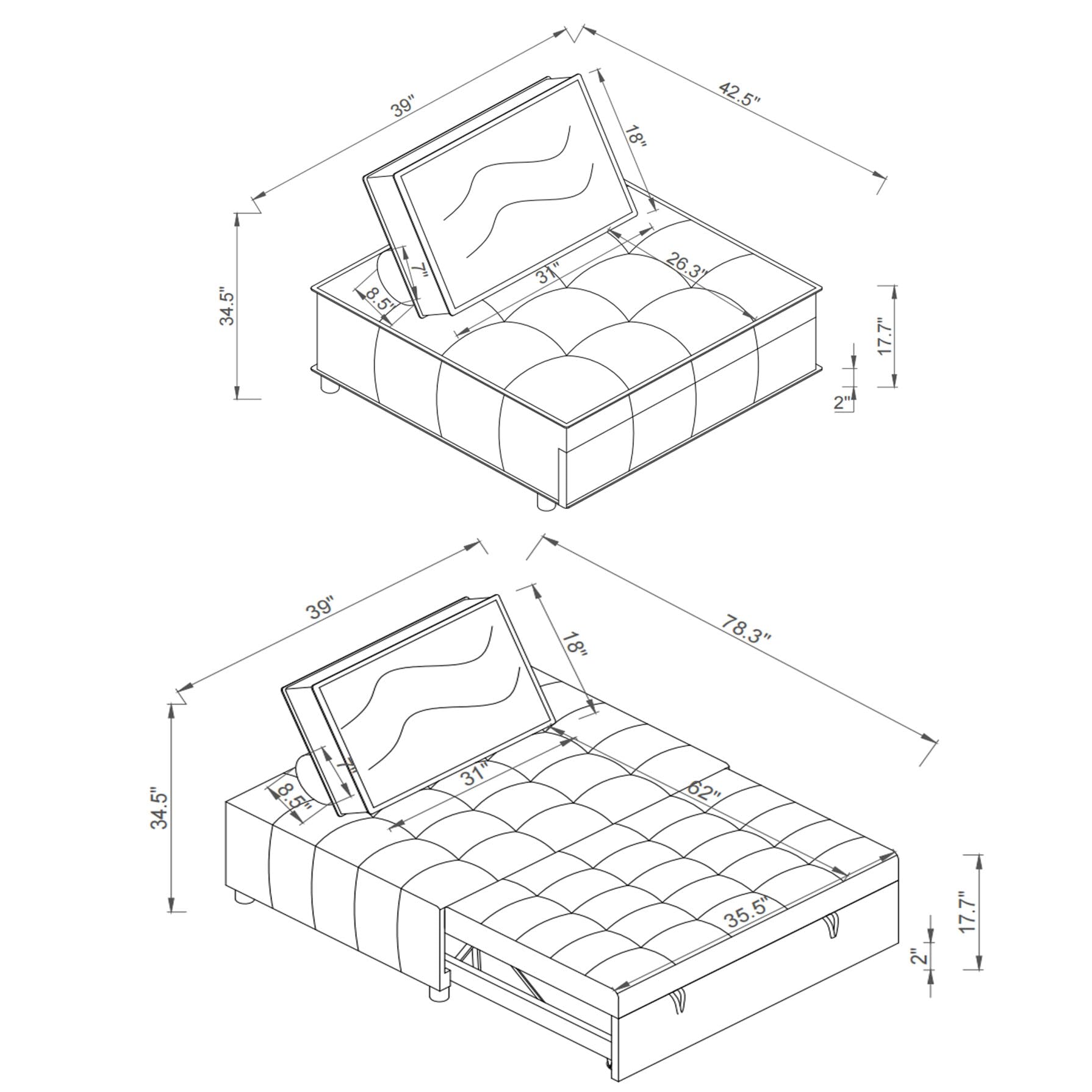 voqoomkl 3 in 1 Faux Leather Ottoman Sectional Sofa Bed, Convertible Modular Sofa Sleeper Couch with Pull Out Bed Single Sleeper Lazy Sofa Bed with Pillow for Small Space,Apartment