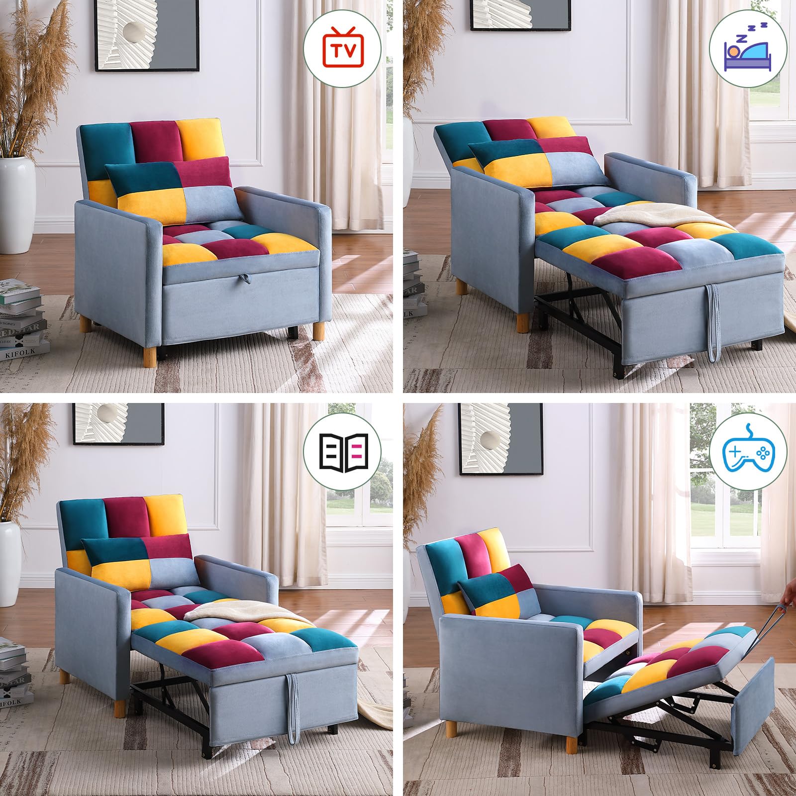 3-in-1 Single Chair Bed,Convertible Sleeper Sofa Chair Bed with Pillow,Multi-Functional Sleeper Chair with Adjustable Backrest,pullout Sofa Bed with Velvet Fabric for Apartment(Multicolor)