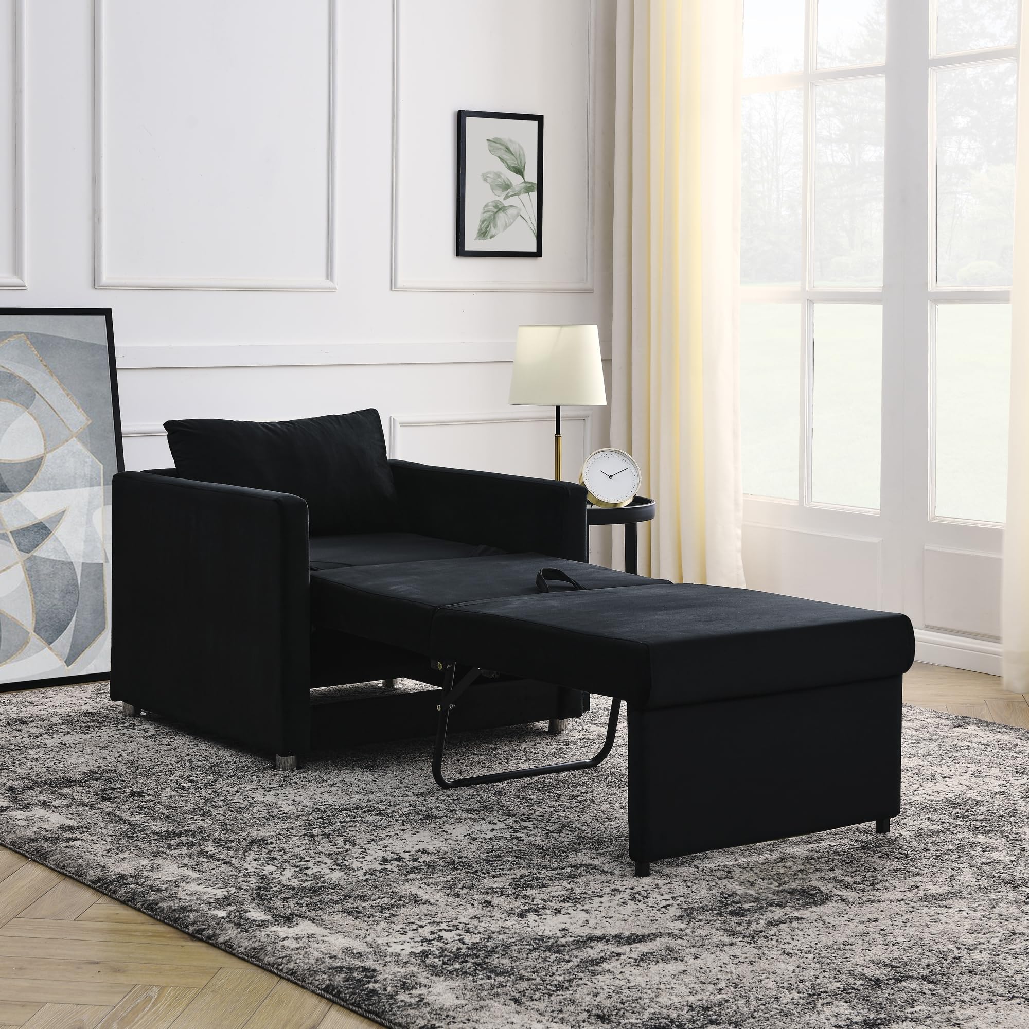 Futon Folding Single Chair Bed,Convertible Sleeper Sofa 2-in-1 Pull Out Lounge Chair Beds with Pillow&Pocket for Living Room Apartment Office(Black)