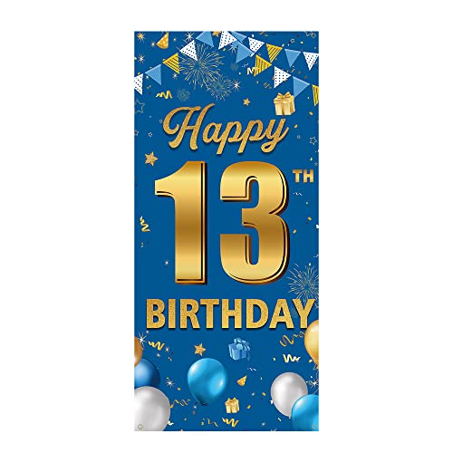 13th Birthday Door Banner Decorations, Happy 13th Birthday Decorations for Boys, Blue Gold Door Cover Sign Poster Decoration, Official Teenager 13 Year Old Party Decoration Backdrop, 6.1ft x 3ft PHXEY