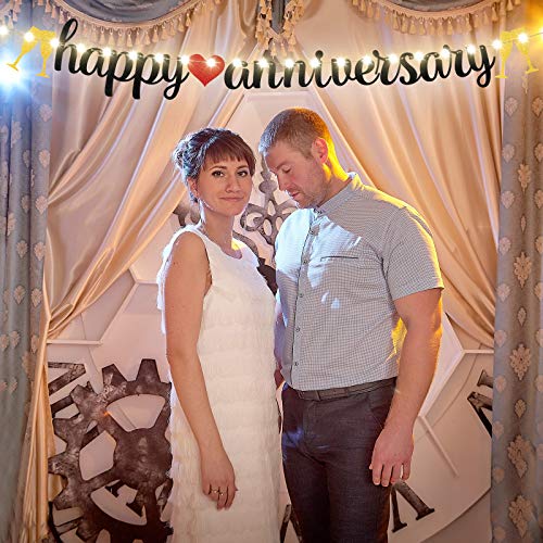 Happy Anniversary Banner with String Light 8 Flicker Mode, Gold and Black Glitter Sign Banner, Anniversary Hanging Sign Garland for Anniversary Wedding Party Ceremony Decoration