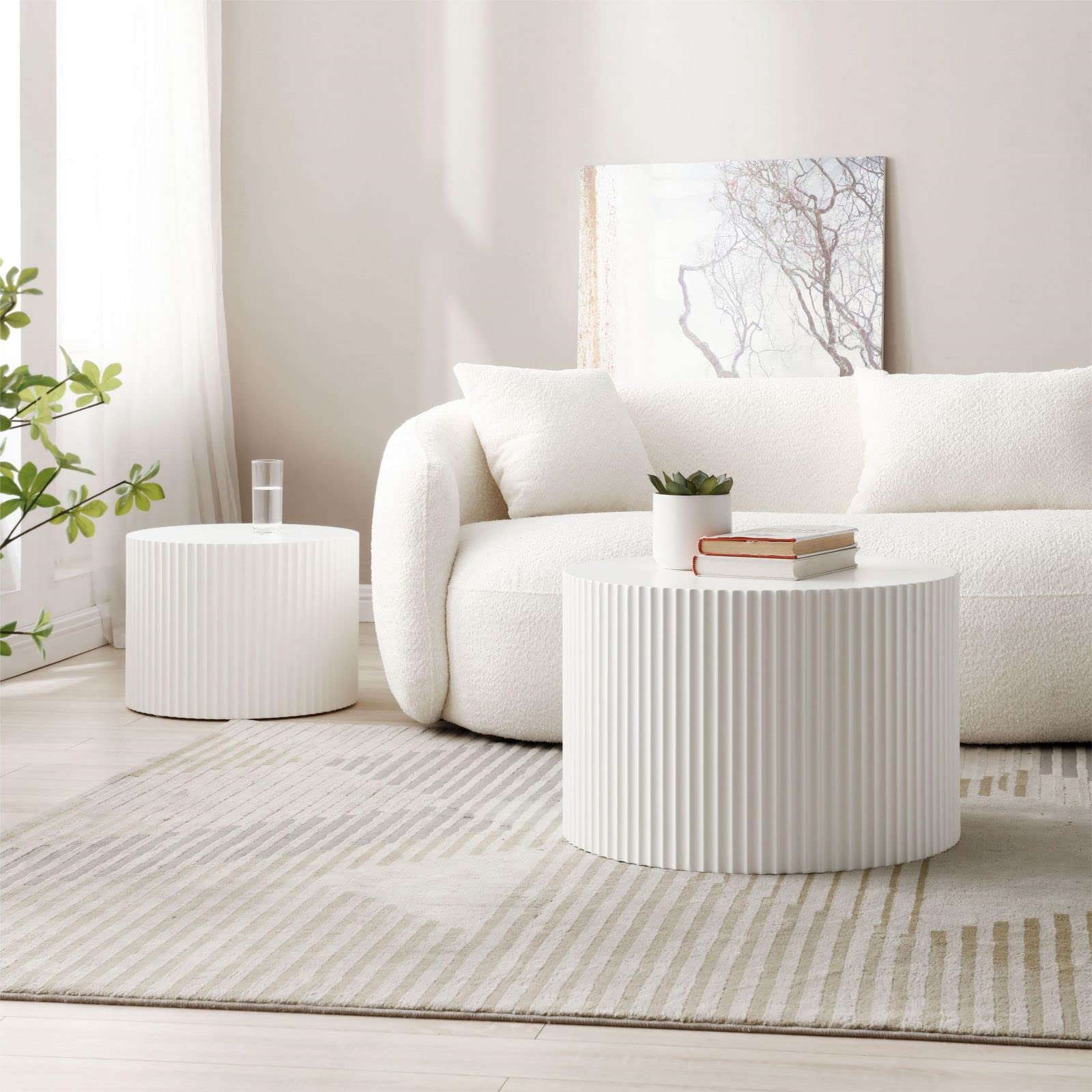 KEVINSPACE Round Coffee Table Set of 2 Nesting CoffeeTable Modern for Living Room, Round End TableSet, Wooden Circle Side Table No Need Assembly Accent Furniture for Bedroom Balcony Lounge White