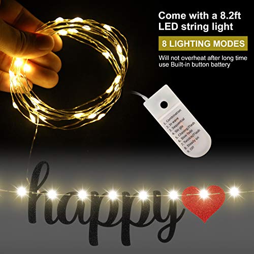 Happy Anniversary Banner with String Light 8 Flicker Mode, Gold and Black Glitter Sign Banner, Anniversary Hanging Sign Garland for Anniversary Wedding Party Ceremony Decoration