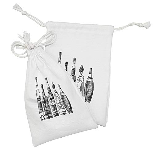 Ambesonne Alcohol Fabric Pouch Set of 2, Ink Drawing Style Bottles of Strong Alcohol Composition Distilled Beverages, Small Drawstring Bag for Toiletries Masks and Favors, 9" x 6", Black and White