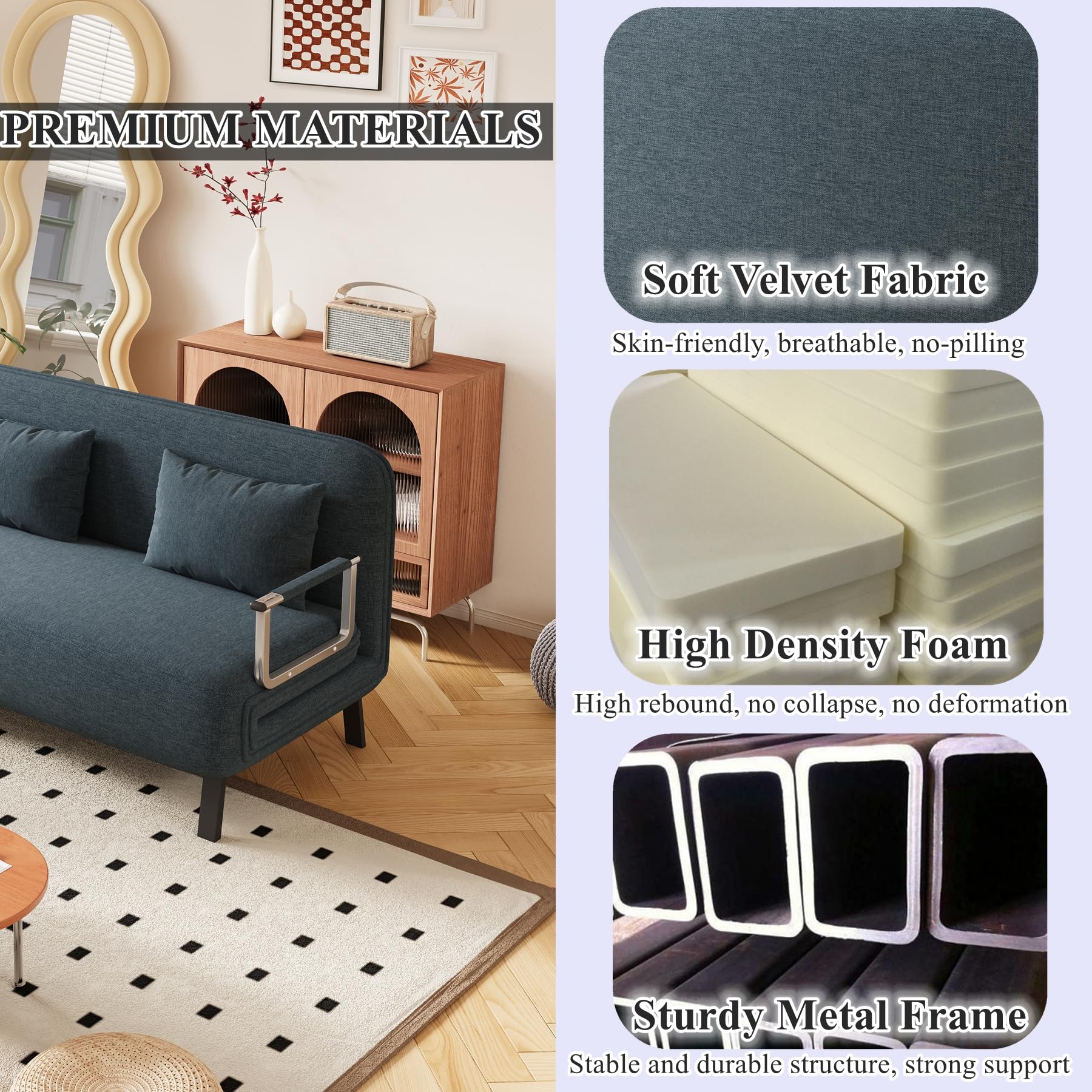 Gagawin Foldable Sleeper Sofa Bed, 3 in 1 Convertible Sofa Bed with 6-Position Adjustable Backrest, Multi-Functional Velvet Tri-Fold Sofa Bed Couch for Home Office, Twin Size, Gray
