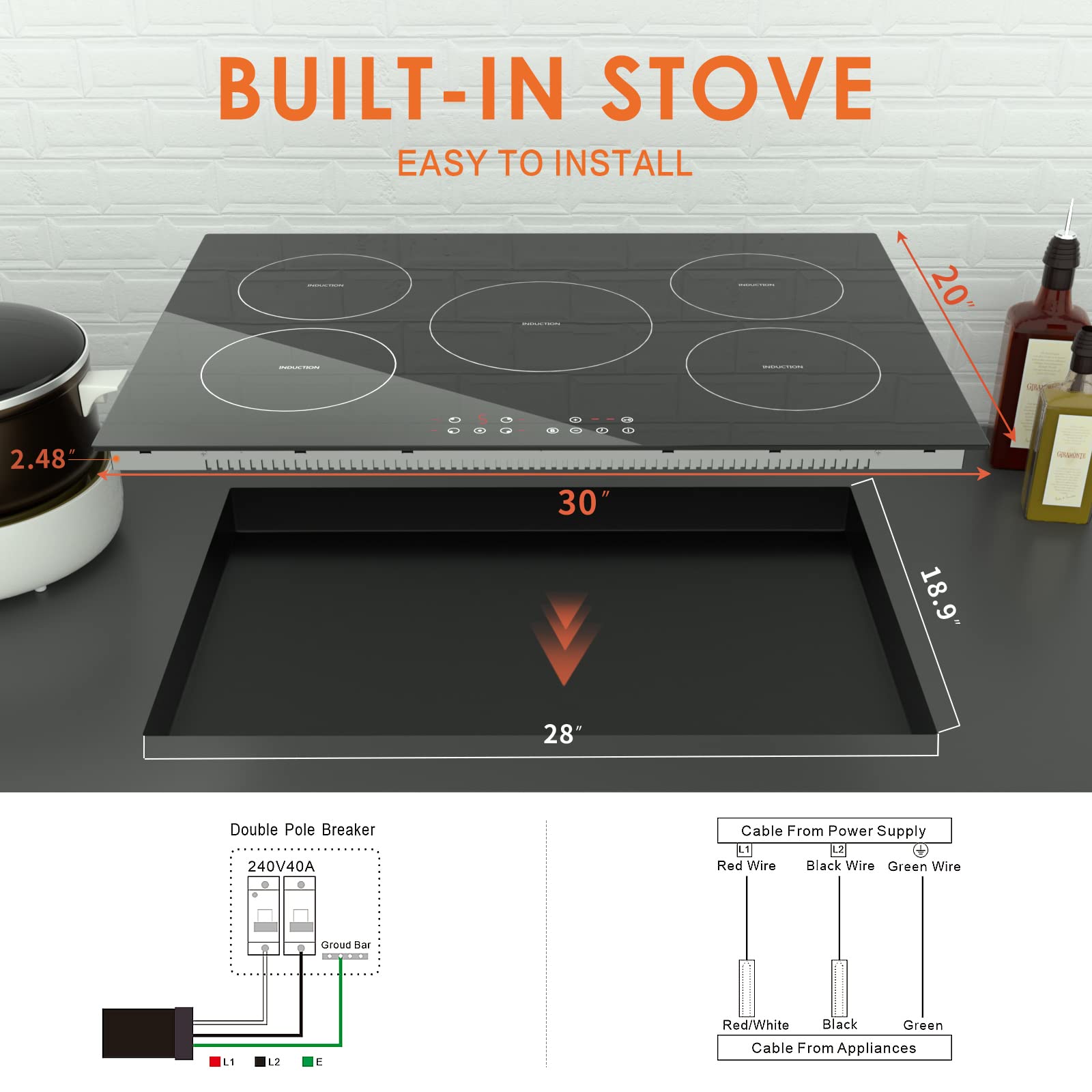 Davivy 30 Inch Induction Cooktop,5 Burners Built-in Induction Cooktop,Induction Stove Top - 9 Heating Level,Child Safety Lock,Sensor Touch Control,Timer, 220~240V, 9300W