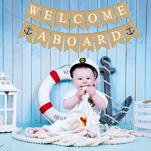Rainlemon Jute Burlap Welcome Aboard Banner Nautical Boy Baby Shower Birthday Party Nursery Garland Decoration