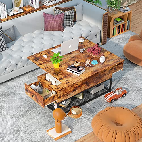 KCRET 43" Lift Top Coffee Table, 3 in 1 Multi-Function Coffee Table Modern Coffee Lift Table Dining Table with 2 Storage Drawers and Hidden Compartment for Living Room Reception Room (Rustic Brown)