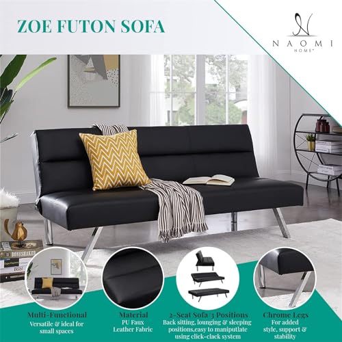 Naomi Home Black Faux Leather Futon Sofa Bed, 66"W x 31"D x 28.3"H, 3-Position Reclining, 500 lbs Weight Capacity