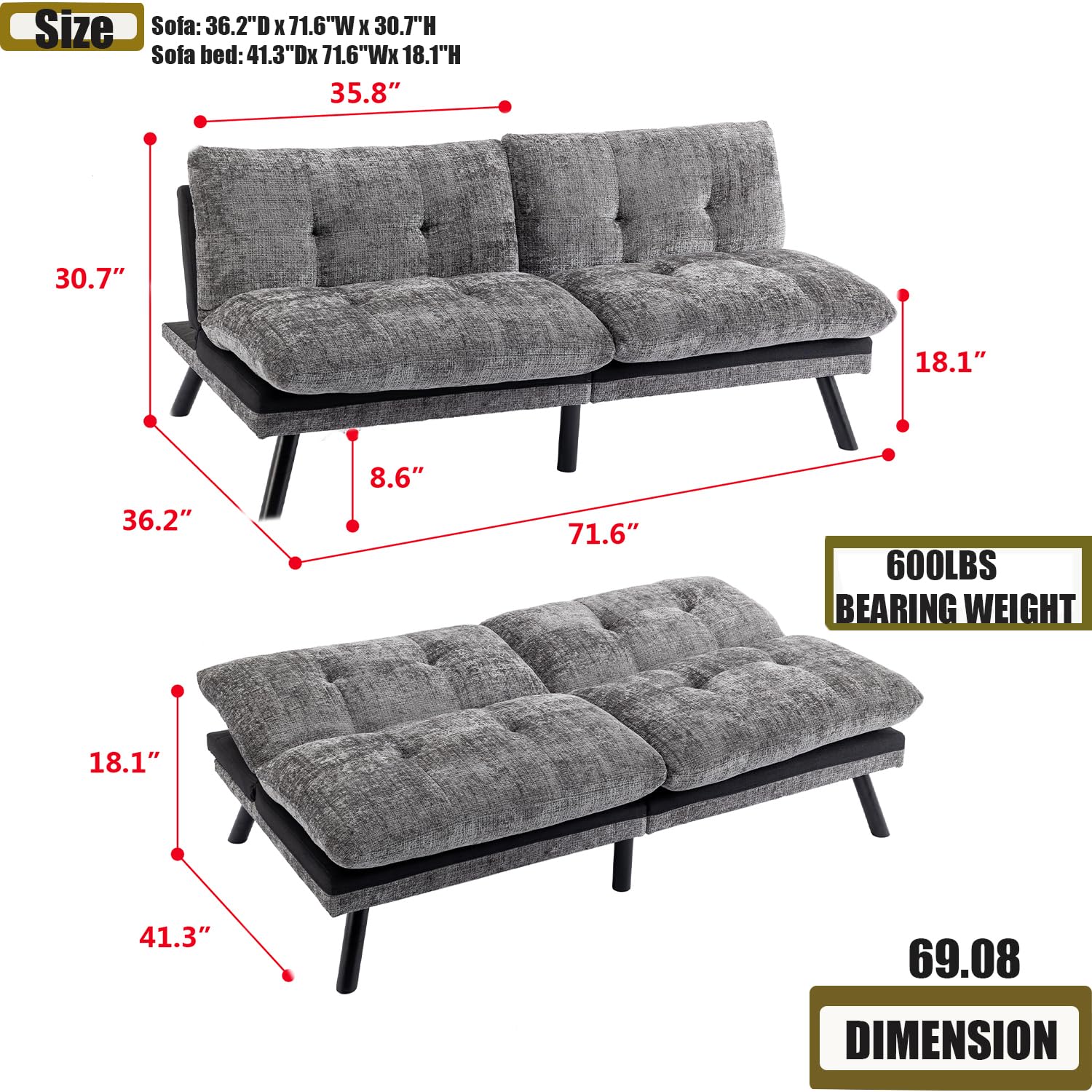 Futon Sofa Bed,Convertible Folding Futon Couch Breathable Small Couch for Compact Living Studio in Living Room and Bedroom,Offices,Dorm Loveseat (Grey)