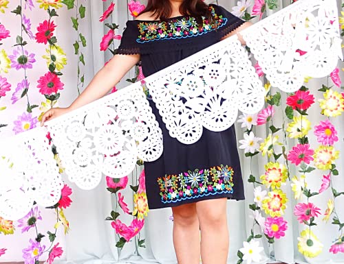 Mexican Party Decorations, 5 Pk White Papel Picado Banner Over 83 Feet long, For Wedding decorations, quinceañeras, birthdays, Mexican PAPER 50 Wedding Flags on string WS93