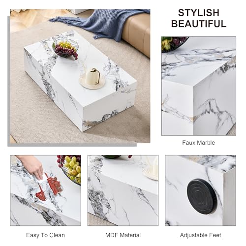 Maotifeys White Marble Coffee Table for Living Room Rectangular Faux Marble Center Table Modern Elegant Wooden Cocktail Table for Home Office -Fully Assembled