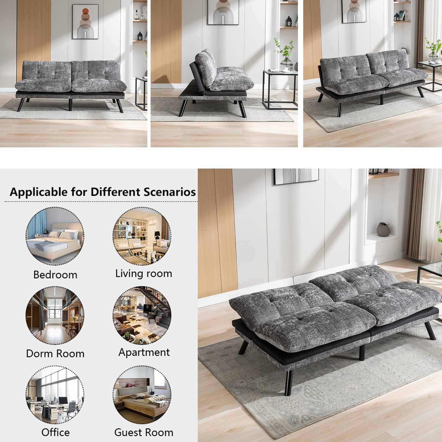 Futon Sofa Bed,Convertible Folding Futon Couch Breathable Small Couch for Compact Living Studio in Living Room and Bedroom,Offices,Dorm Loveseat (Grey)