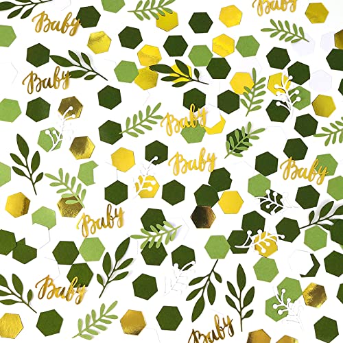 Ayfjovs Sage Green Baby Shower Confetti-300PCS Greenery Confetti Decor with Eucalyptus Scatter Hexagonal Style Table Decoration For Gender Reveal Classroom Nursery Party Decor