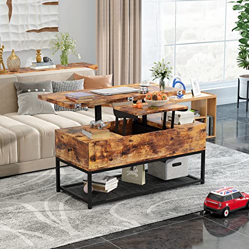 KCRET 43" Lift Top Coffee Table, 3 in 1 Multi-Function Coffee Table Modern Coffee Lift Table Dining Table with 2 Storage Drawers and Hidden Compartment for Living Room Reception Room (Rustic Brown)