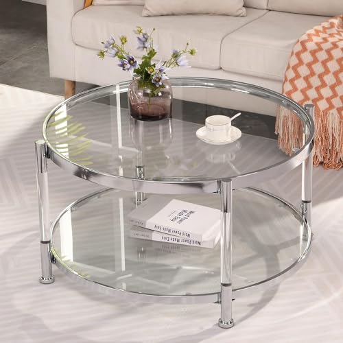 Round Coffee Table with Silver Metal Base, 2-Tier Acrylic Clear Glass Coffee Table with Storage Shelf, Center Table Modern Coffee Table Tea Table Cocktail Table Living Room Table, Circle Coffee Table