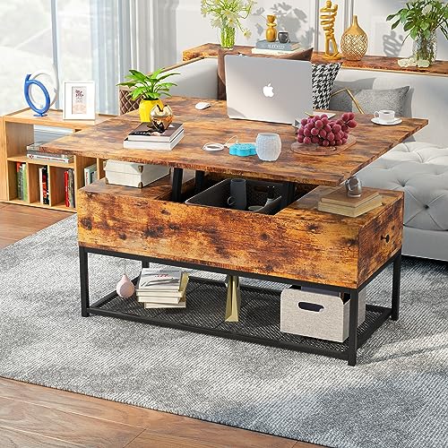 KCRET 43" Lift Top Coffee Table, 3 in 1 Multi-Function Coffee Table Modern Coffee Lift Table Dining Table with 2 Storage Drawers and Hidden Compartment for Living Room Reception Room (Rustic Brown)
