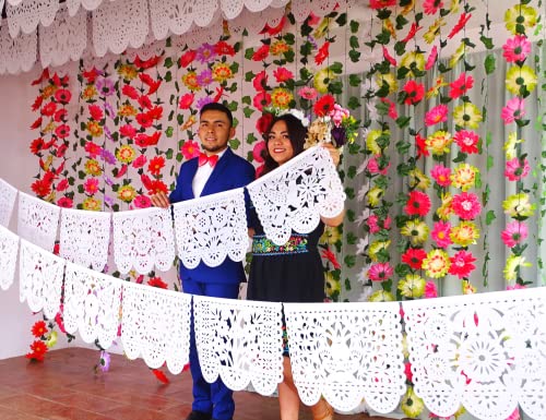 Mexican Party Decorations, 5 Pk White Papel Picado Banner Over 83 Feet long, For Wedding decorations, quinceañeras, birthdays, Mexican PAPER 50 Wedding Flags on string WS93