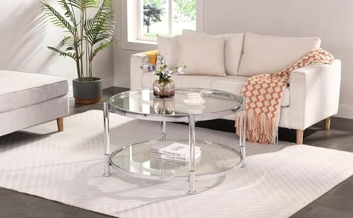 Round Coffee Table with Silver Metal Base, 2-Tier Acrylic Clear Glass Coffee Table with Storage Shelf, Center Table Modern Coffee Table Tea Table Cocktail Table Living Room Table, Circle Coffee Table
