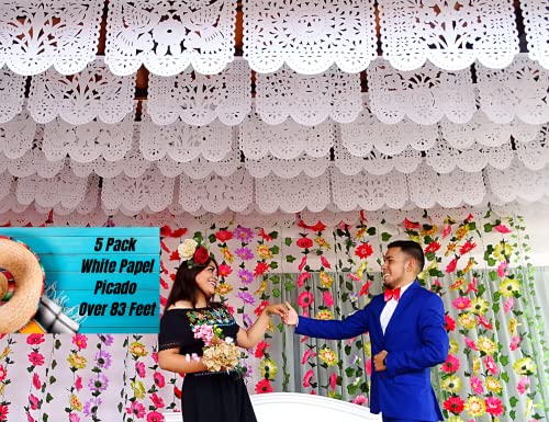 Mexican Party Decorations, 5 Pk White Papel Picado Banner Over 83 Feet long, For Wedding decorations, quinceañeras, birthdays, Mexican PAPER 50 Wedding Flags on string WS93