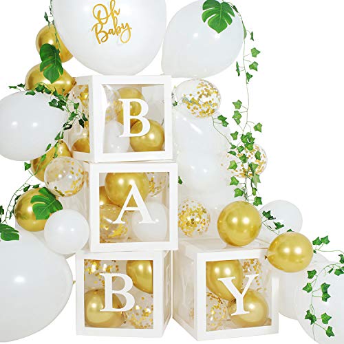 Baby Shower Balloon Boxes Party Decorations, Oh Baby Party Balloon Boxes White and Gold Balloons Palm Leaves Ivy Garland for Oh Baby Shower Party Decorations Boy Girls