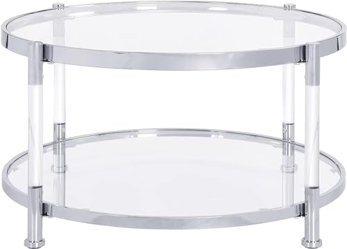 Round Coffee Table with Silver Metal Base, 2-Tier Acrylic Clear Glass Coffee Table with Storage Shelf, Center Table Modern Coffee Table Tea Table Cocktail Table Living Room Table, Circle Coffee Table