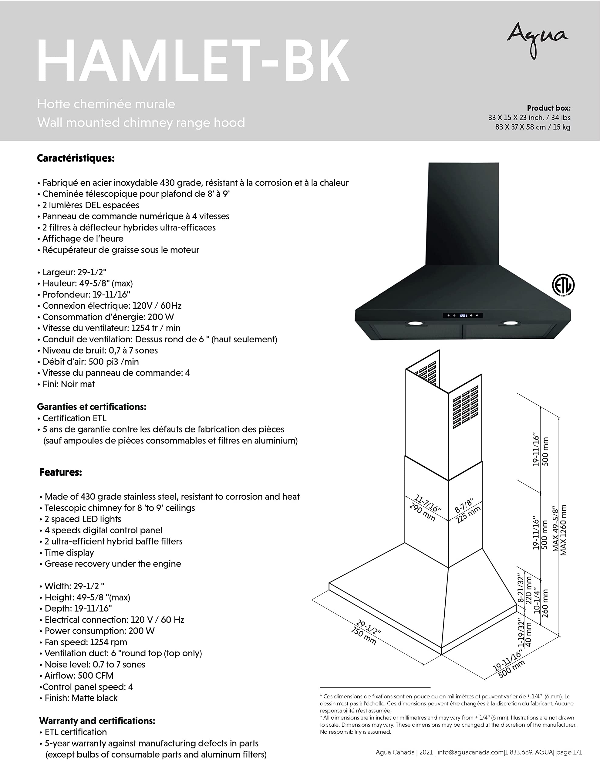 Agua Canada Range Hood Pyramid Stainless Steel Wall Mount, 30 Inches 500 CFM w Leds lights Hamlet.